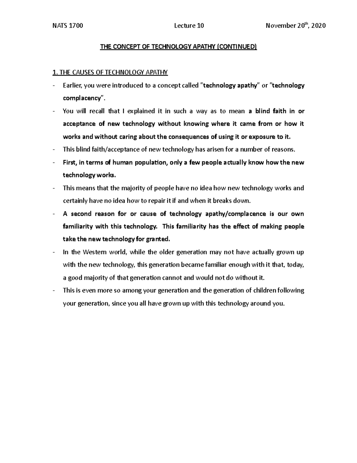 1700 - Lecture 10 Notes - THE CONCEPT OF TECHNOLOGY APATHY (CONTINUED ...