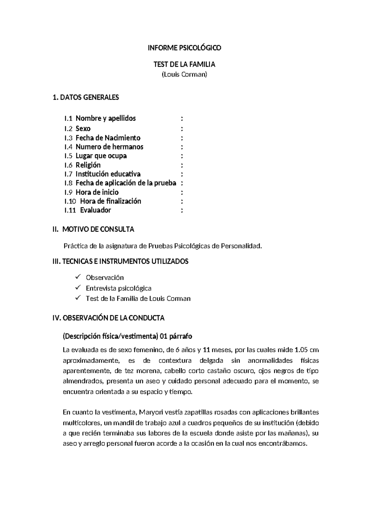 Informe Test de la Familia - INFORME PSICOLÓGICO TEST DE LA FAMILIA ...