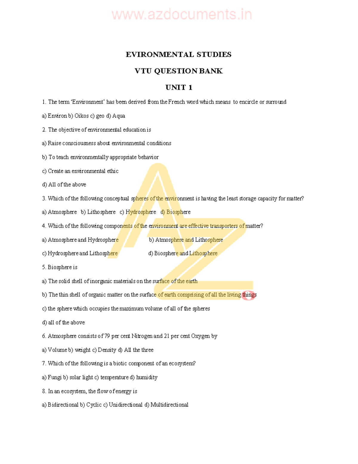 18CIV59qb-1@Az Documents - EVIRONMENTAL STUDIES VTU QUESTION BANK UNIT ...
