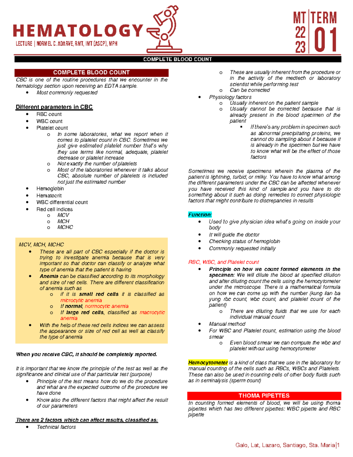 -LEC 1- Complete Blood Count - LECTURE |NORMEL C. ADARVE, RMT, IMT ...