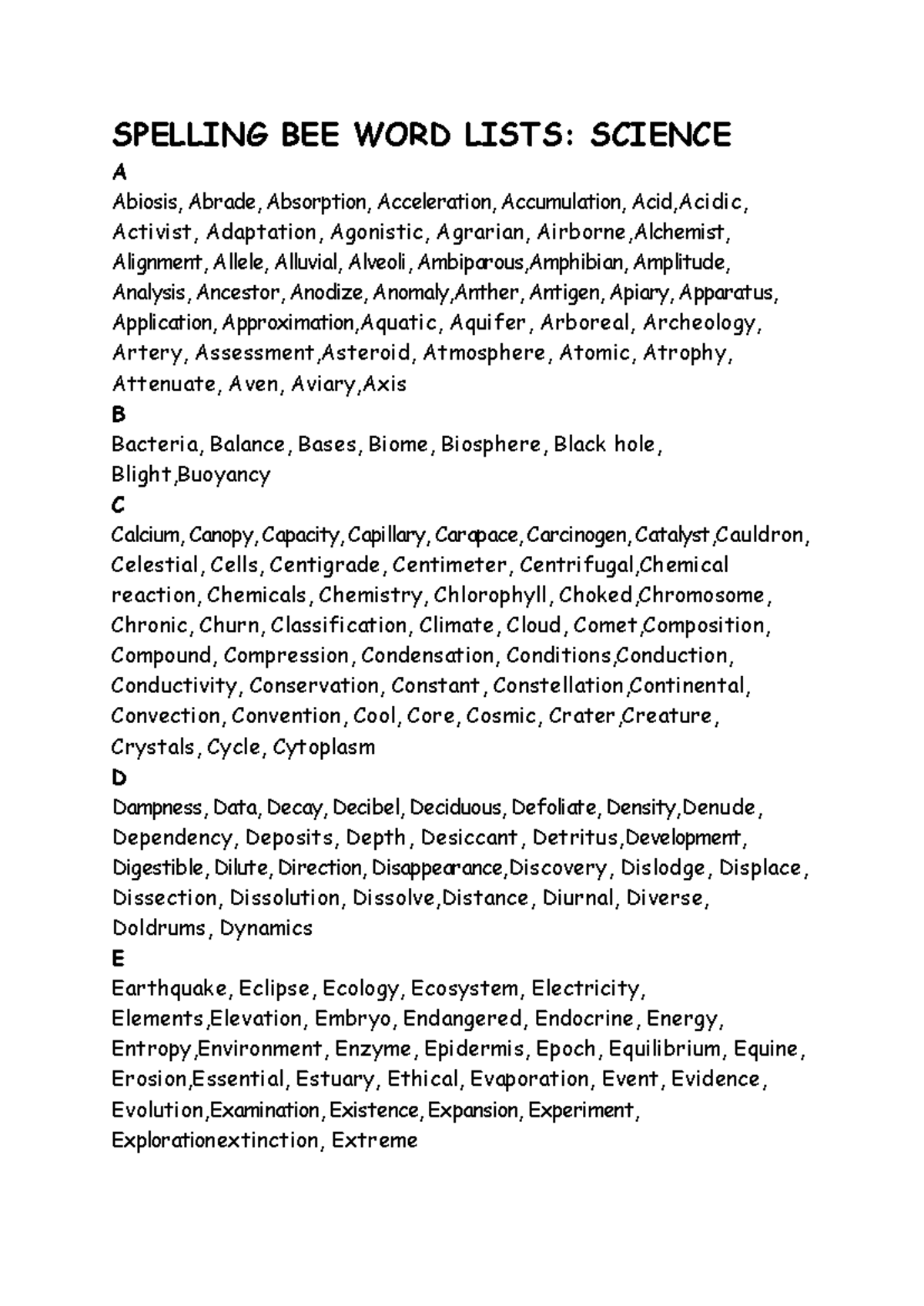Science Spelling BEE WORD Lists - SPELLING BEE WORD LISTS: SCIENCE A ...