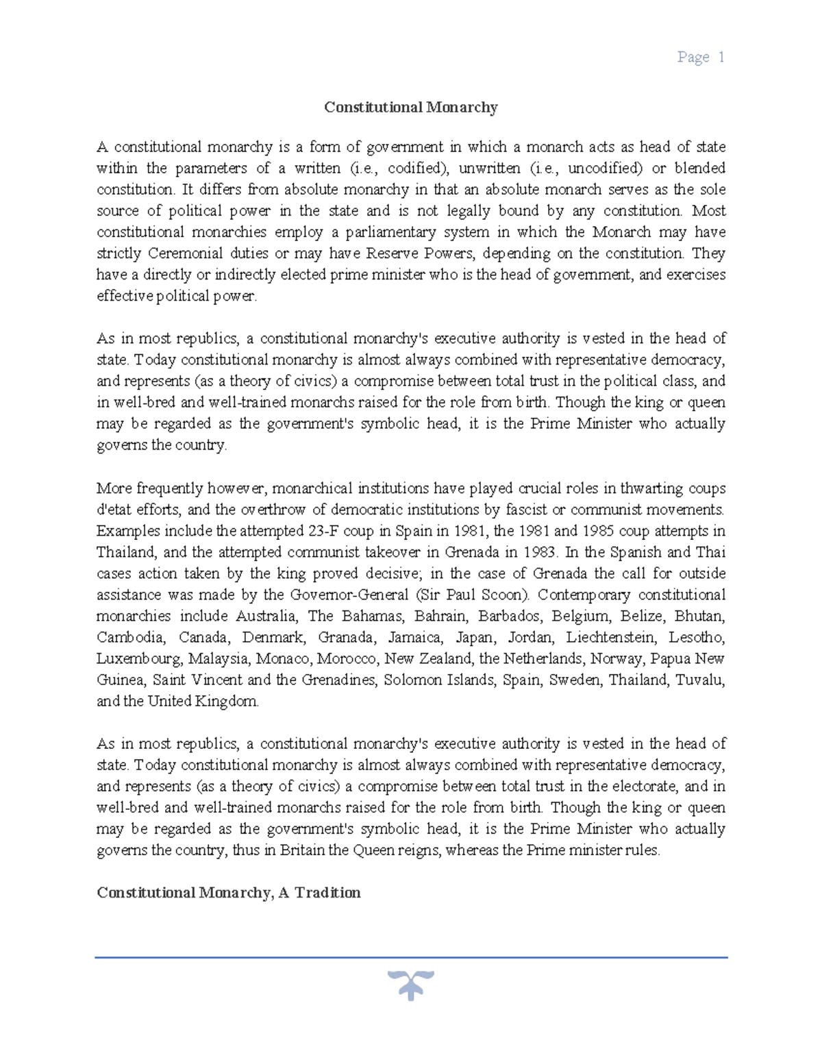 Constitutional Monarchy - , codified), unwritten (i., uncodified) or ...