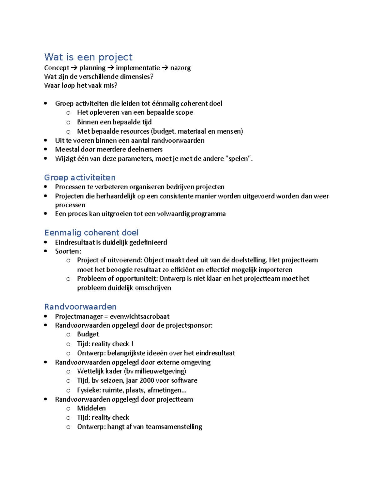 Project management Samenvatting - Wat is een project Concept planning ...