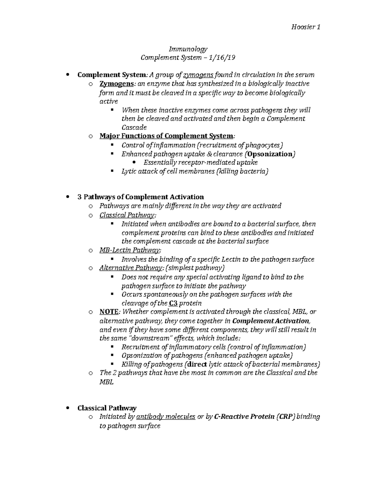 3 Complement Notes - Immunology Complement System – 1/16/ Complement ...