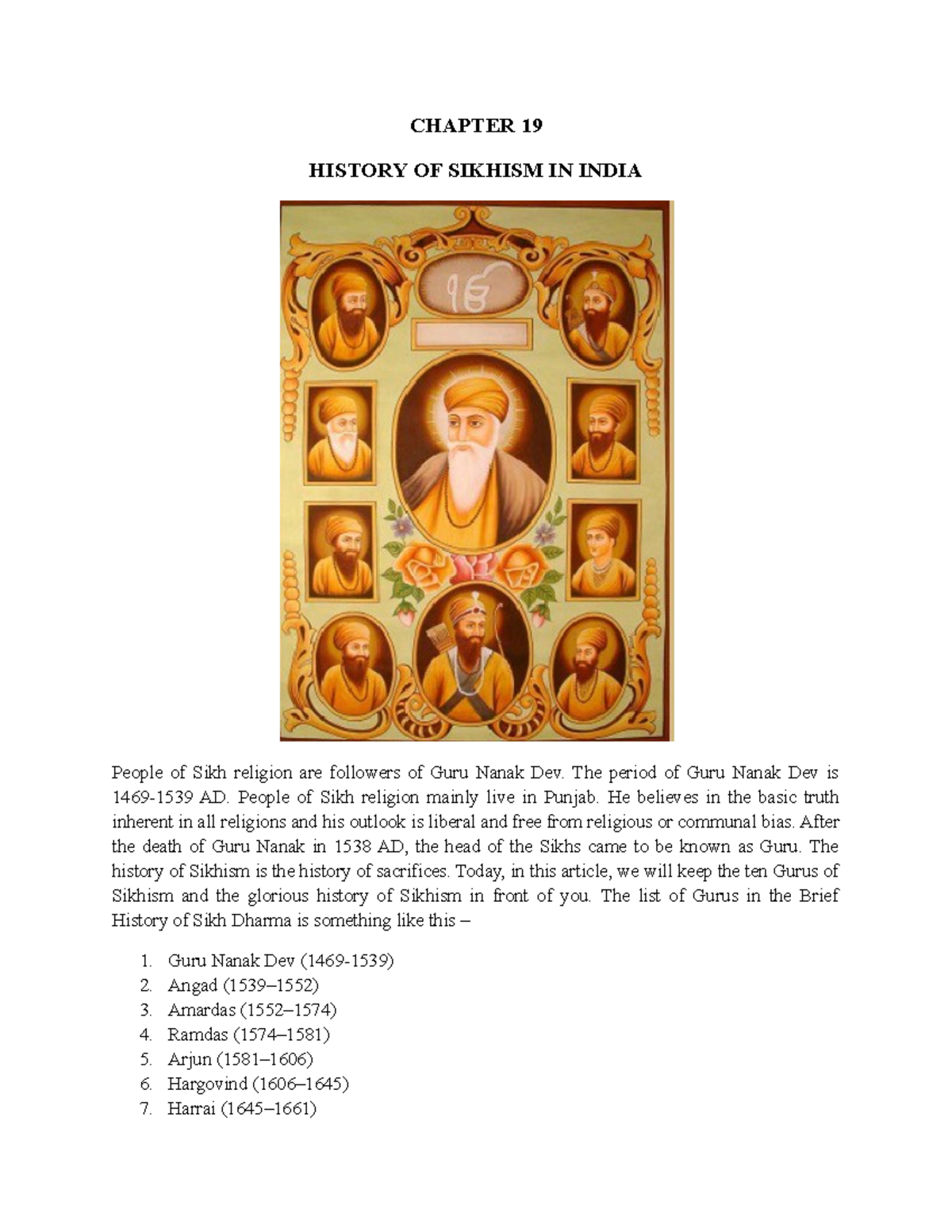 Chapter 19 History OF Sikhism IN India - CHAPTER 19 HISTORY OF SIKHISM ...