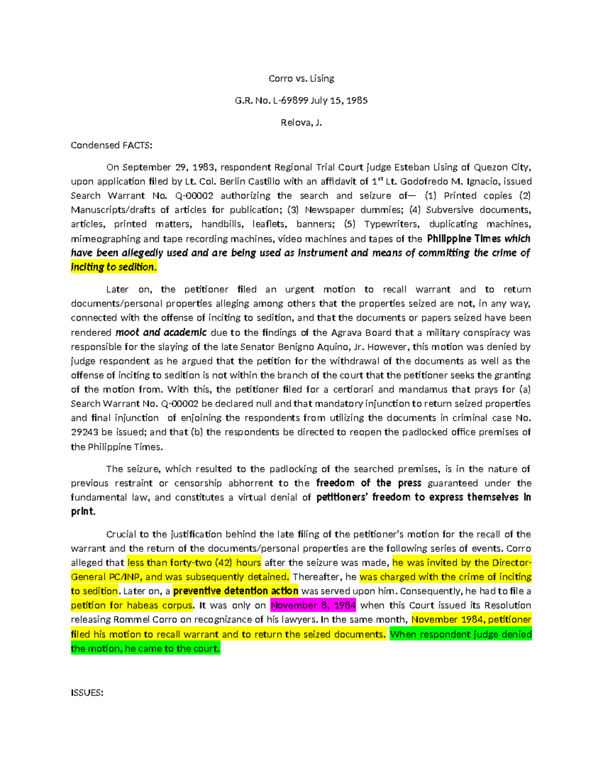 2. Corro v. Lising - Case Digest - Corro vs. Lising G. No. L-69899 July 15, 1985 Relova, J ...