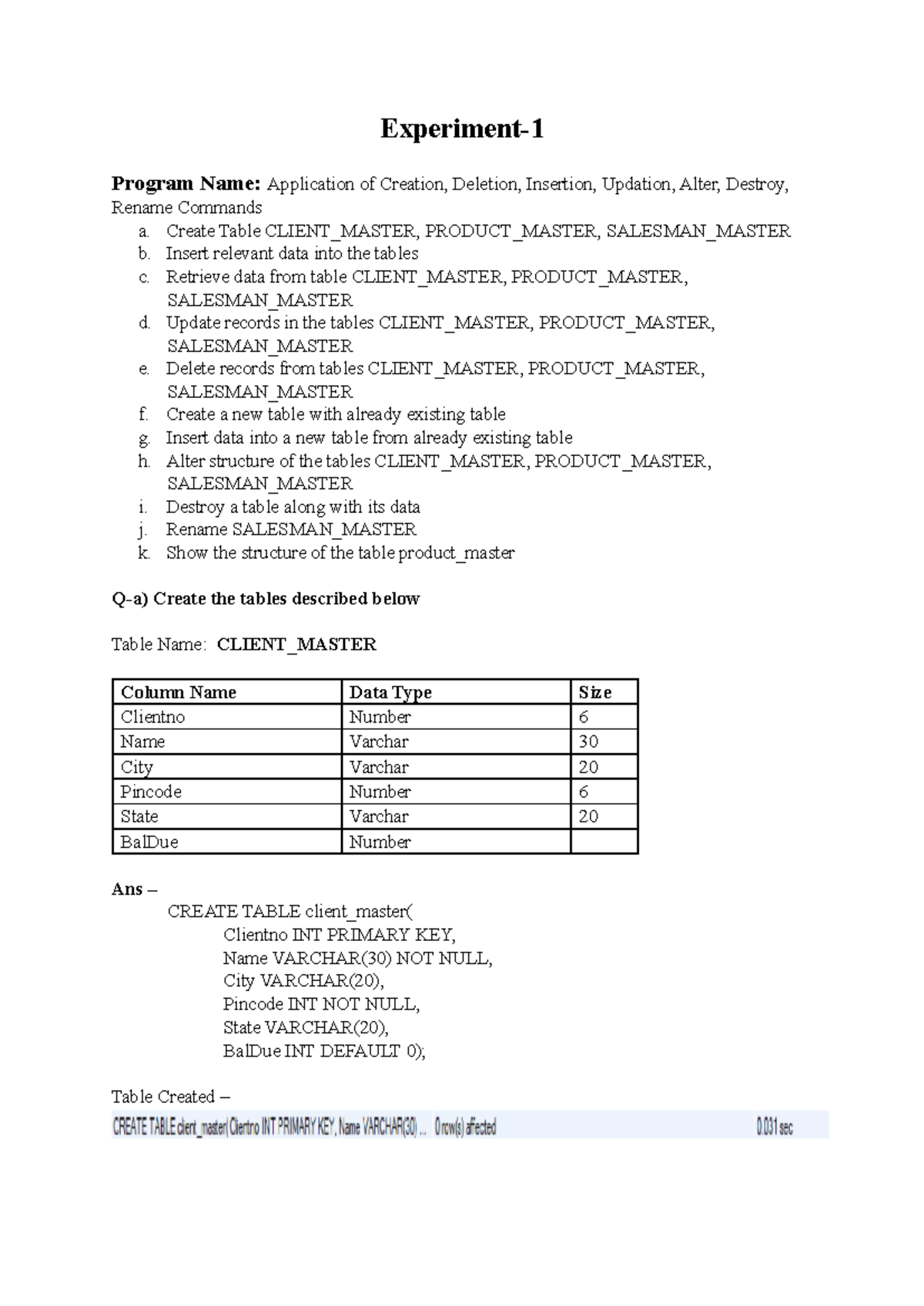 Dbms Lab Hjmm Experiment 1 Program Name Application Of Creation Deletion Insertion