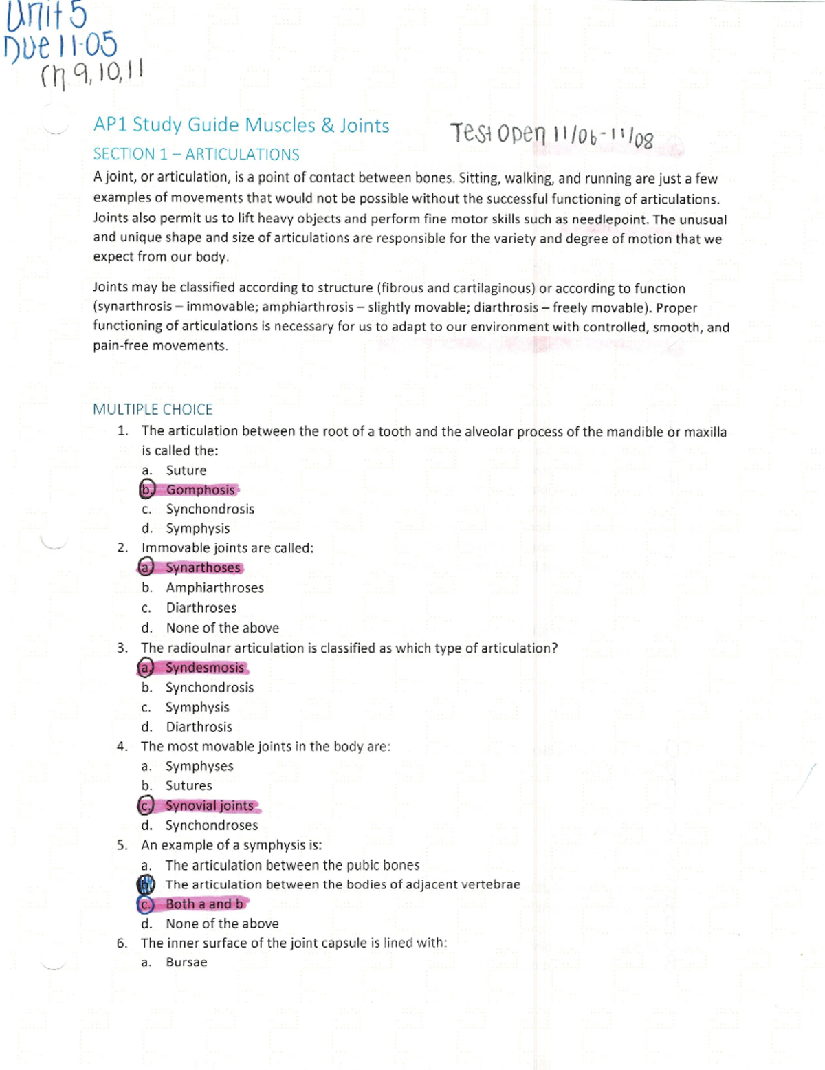 Unit 5- Muscles and Joints Study Guide for Class - ALHS 1011 - Studocu