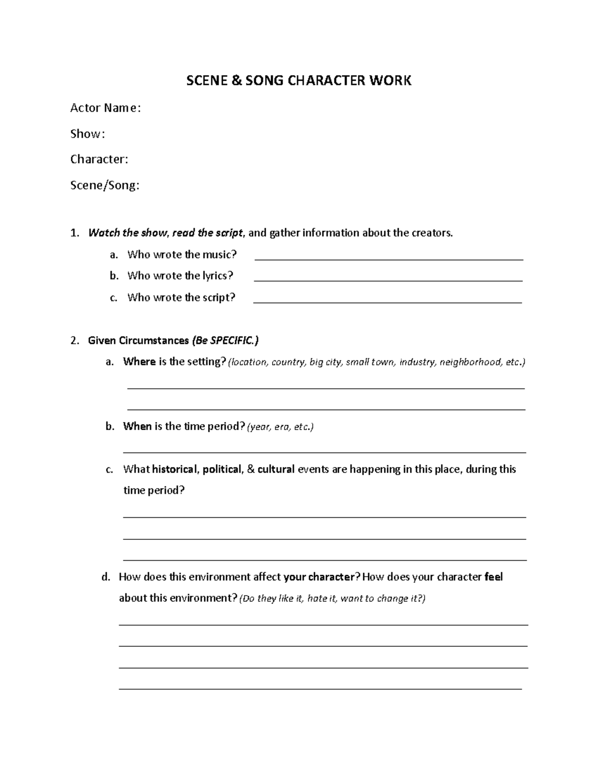 Acting Worksheet - it was horrible - SCENE & SONG CHARACTER WORK Actor ...