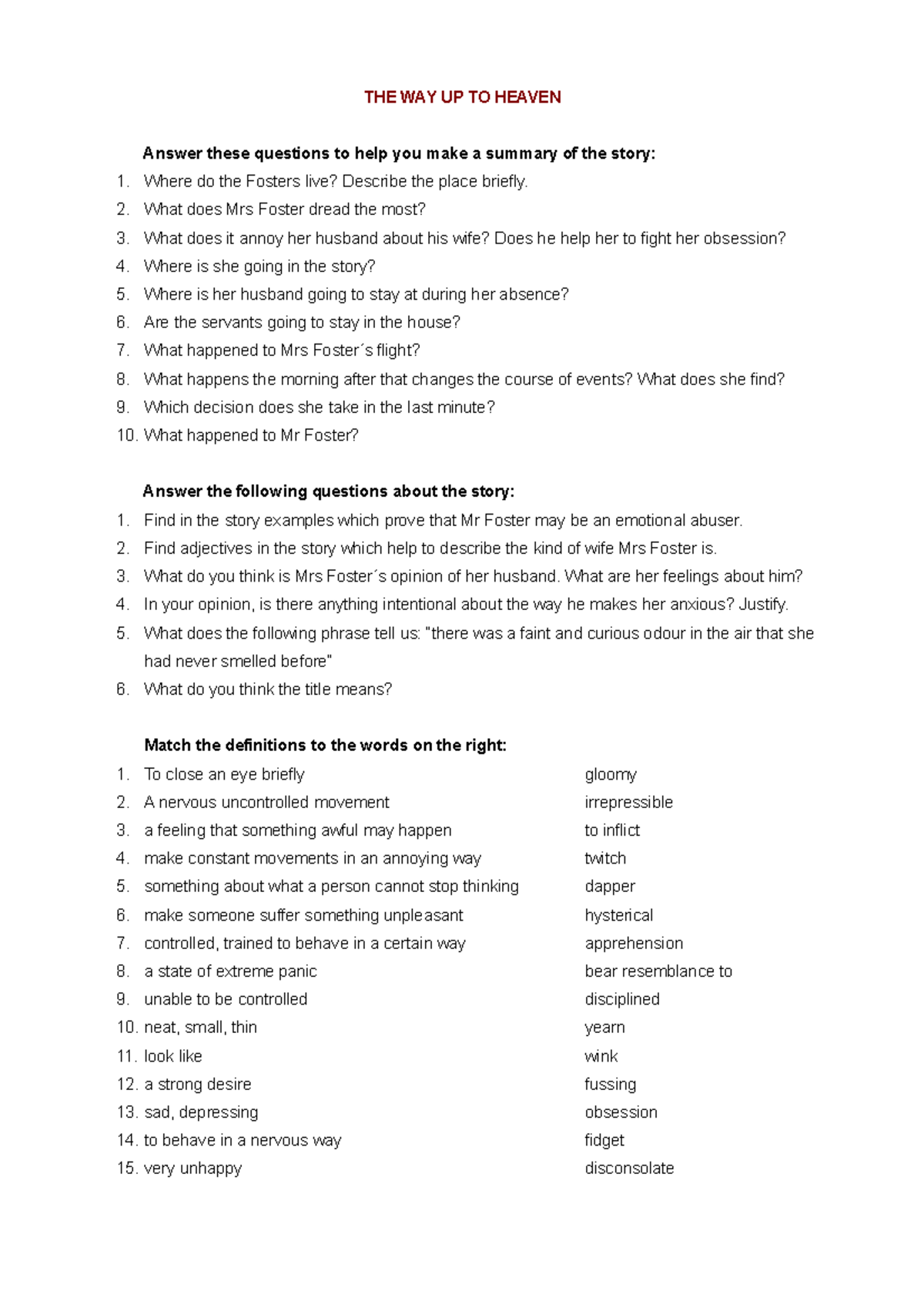Way up to heaven - ingles - THE WAY UP TO HEAVEN Answer these questions ...