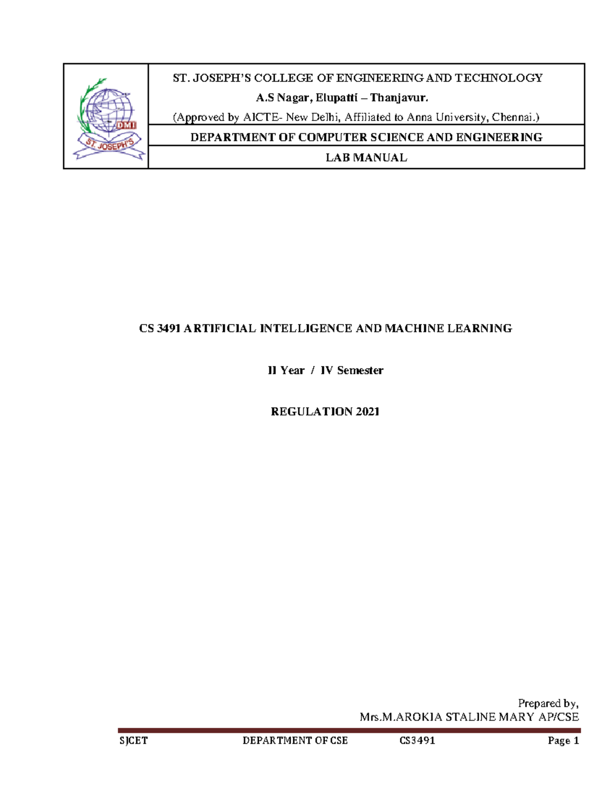 Cs3491 lab manual - CS 3491 ARTIFICIAL INTELLIGENCE AND MACHINE ...