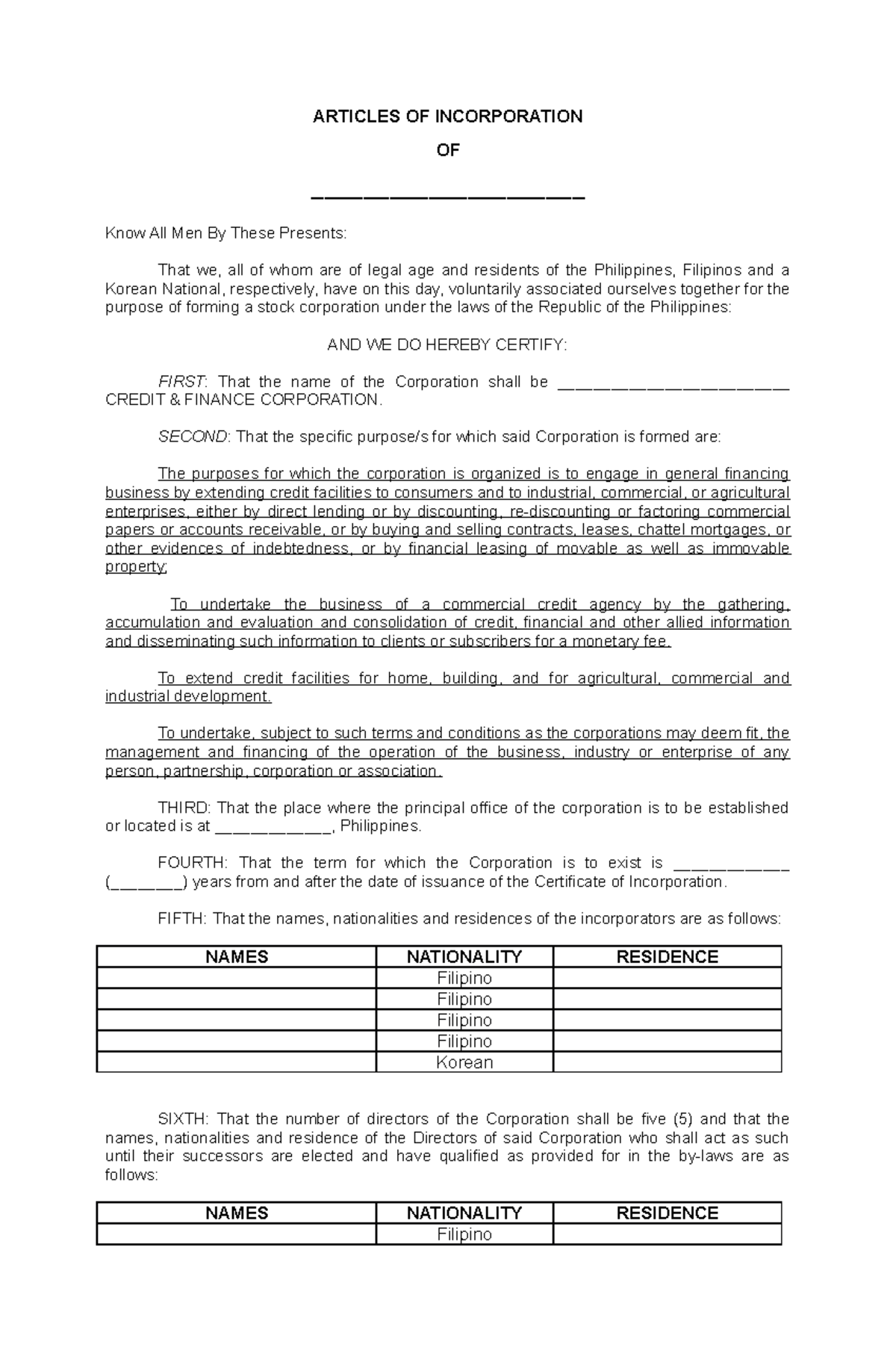 Articles of Incorporation - Sample - ARTICLES OF INCORPORATION OF ...