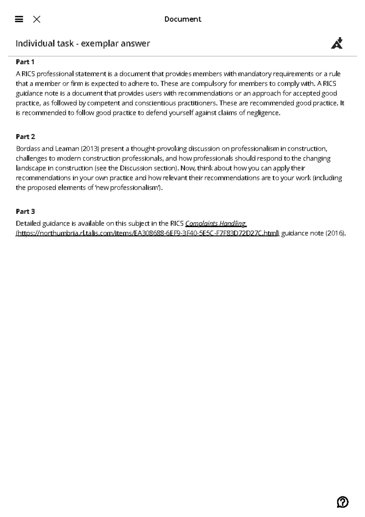 Exemplar answer wk1 - / Document Individual task - exemplar answer Part ...