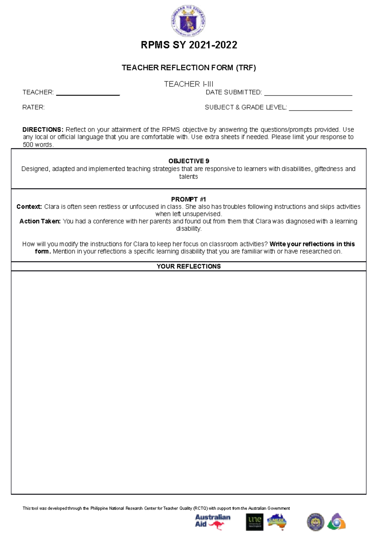 Teacher Reflection form - TEACHER REFLECTION FORM (TRF) TEACHER I-III ...