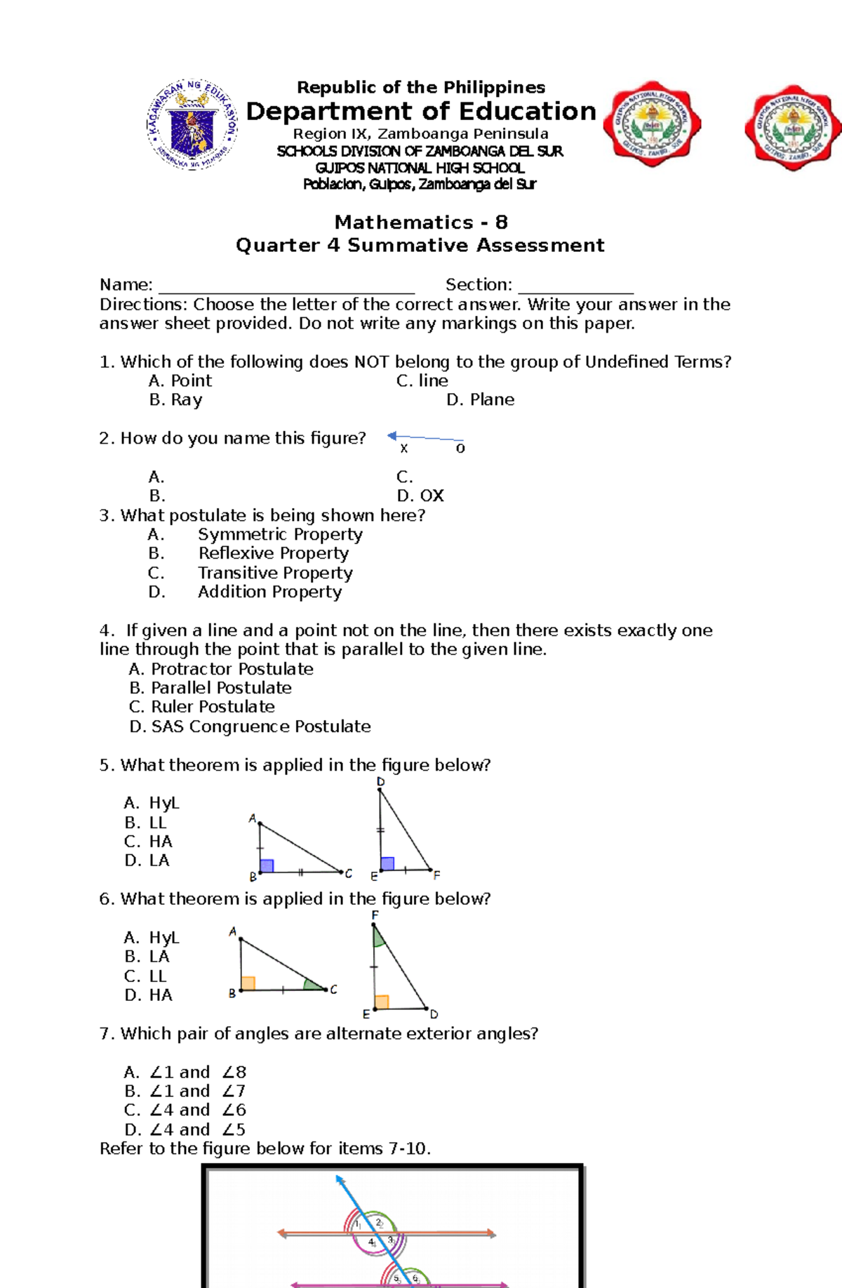 Grade 8 Math TQ for DAT - Republic of the Philippines Department of Education Region IX ...