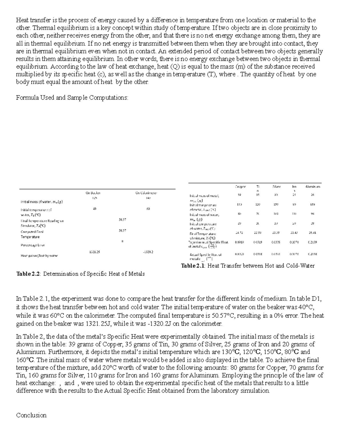 E106 - E106 lab report - Heat transfer is the process of energy caused ...