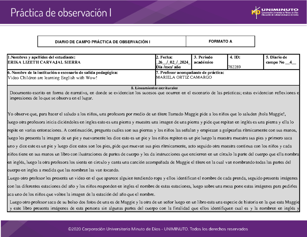 Diario DE Campo 4 - SGSDFGSF - DIARIO DE CAMPO PRÁCTICA DE OBSERVACIÓN ...