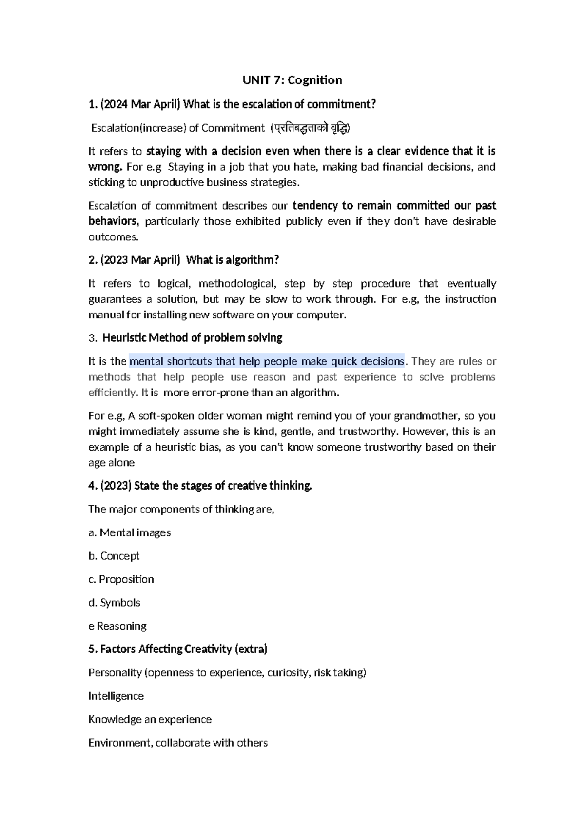 UNIT7 - Summary Bachelor in business management - UNIT 7: Cognition (2024 Mar April) What is the ...