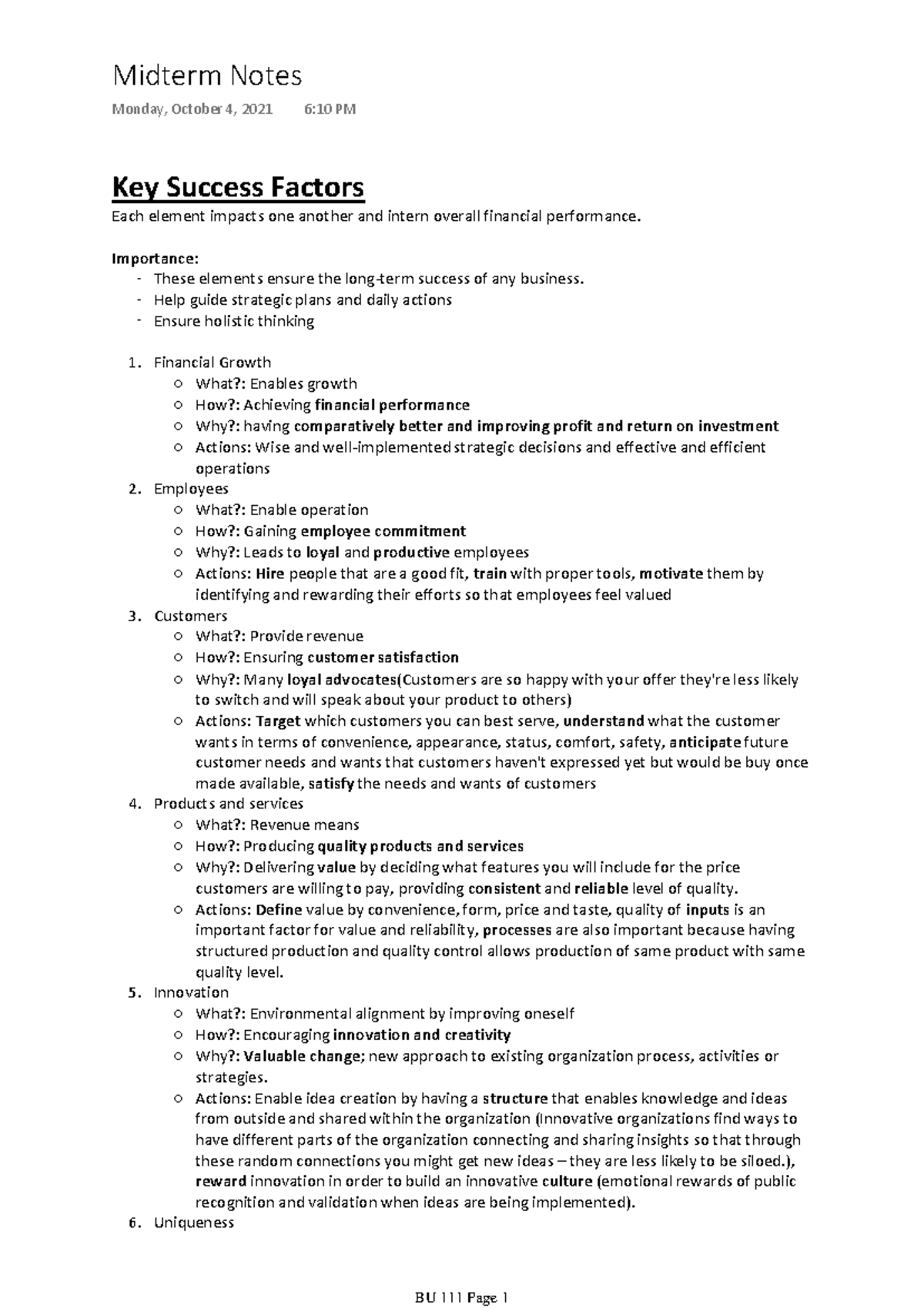 BU111 Midterm Notes - Key Success Factors Each element impacts one ...