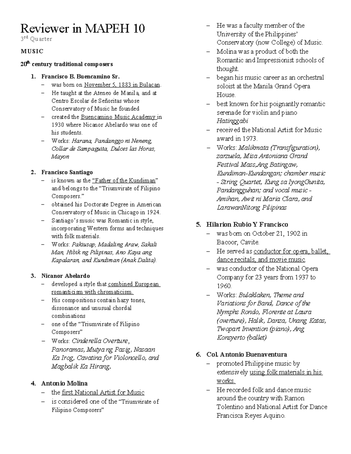 Mapeh Reviewer for G10 - Reviewer in MAPEH 10 3 r d Quarter MUSIC 20 th century traditional ...