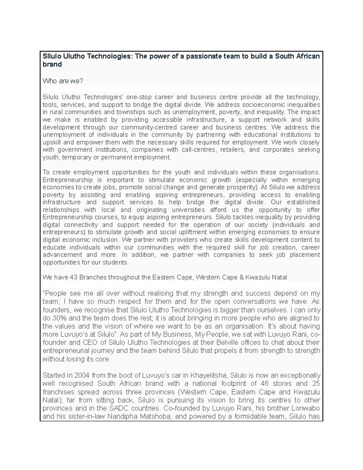 Test 1 - Silulo Ulutho Technologies - SIlulo Ulutho Technologies: The ...