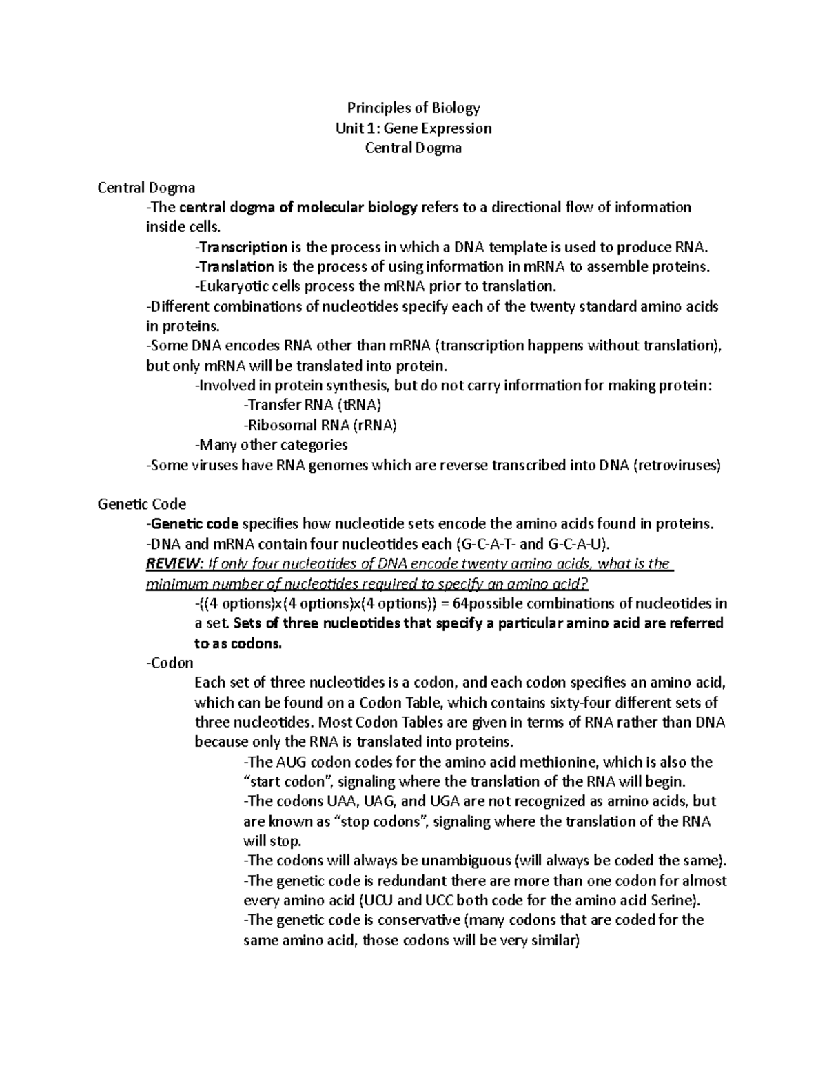 AP Bio Central Dogma - Principles of Biology Unit 1: Gene Expression ...
