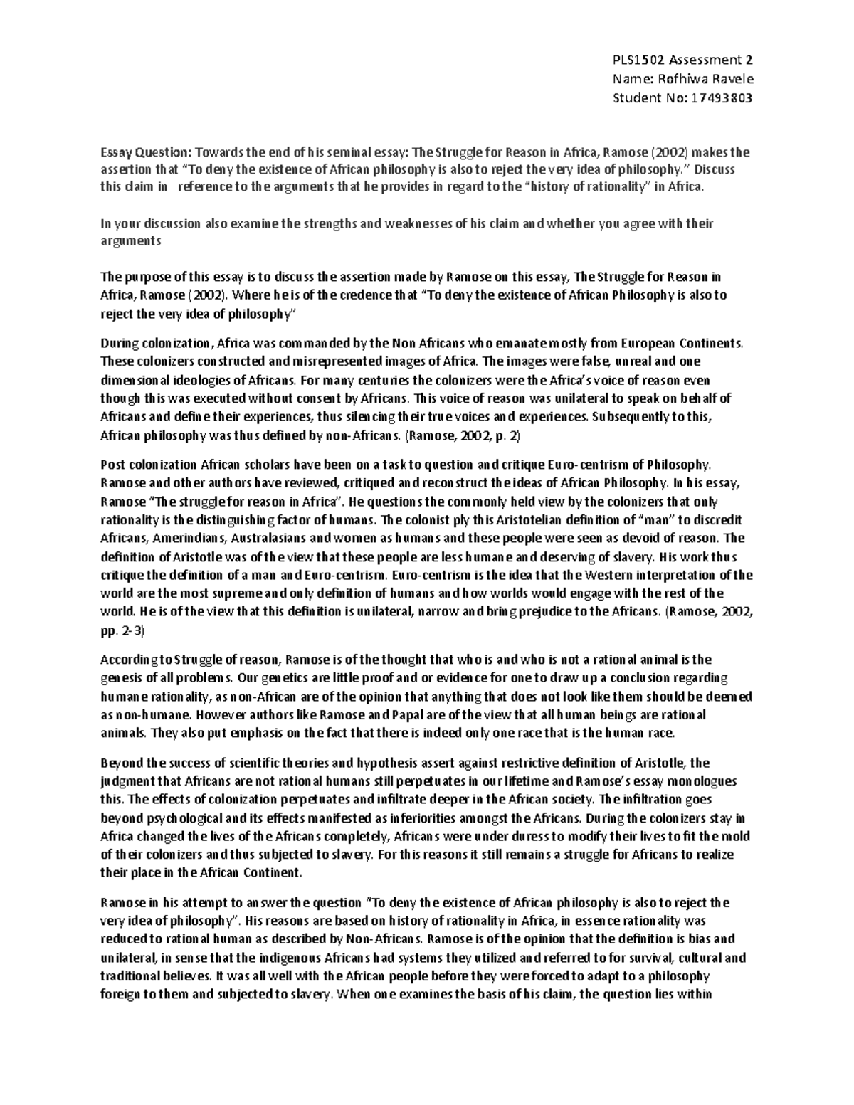 PLS1502 Assessment - Name: Rofhiwa Ravele Student No: 17493803 Essay ...