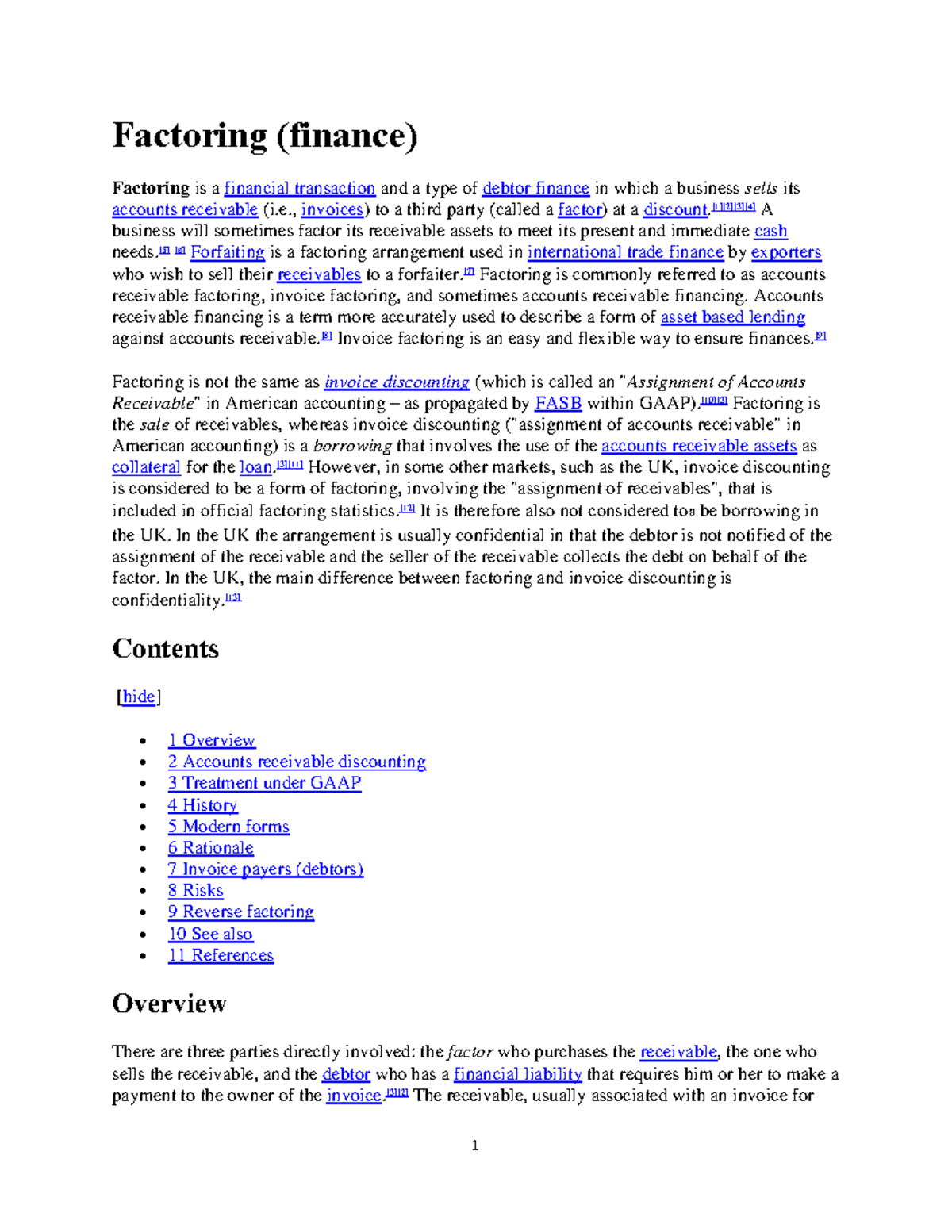 Factoring of debtors - Factoring (finance) Factoring is a financial ...