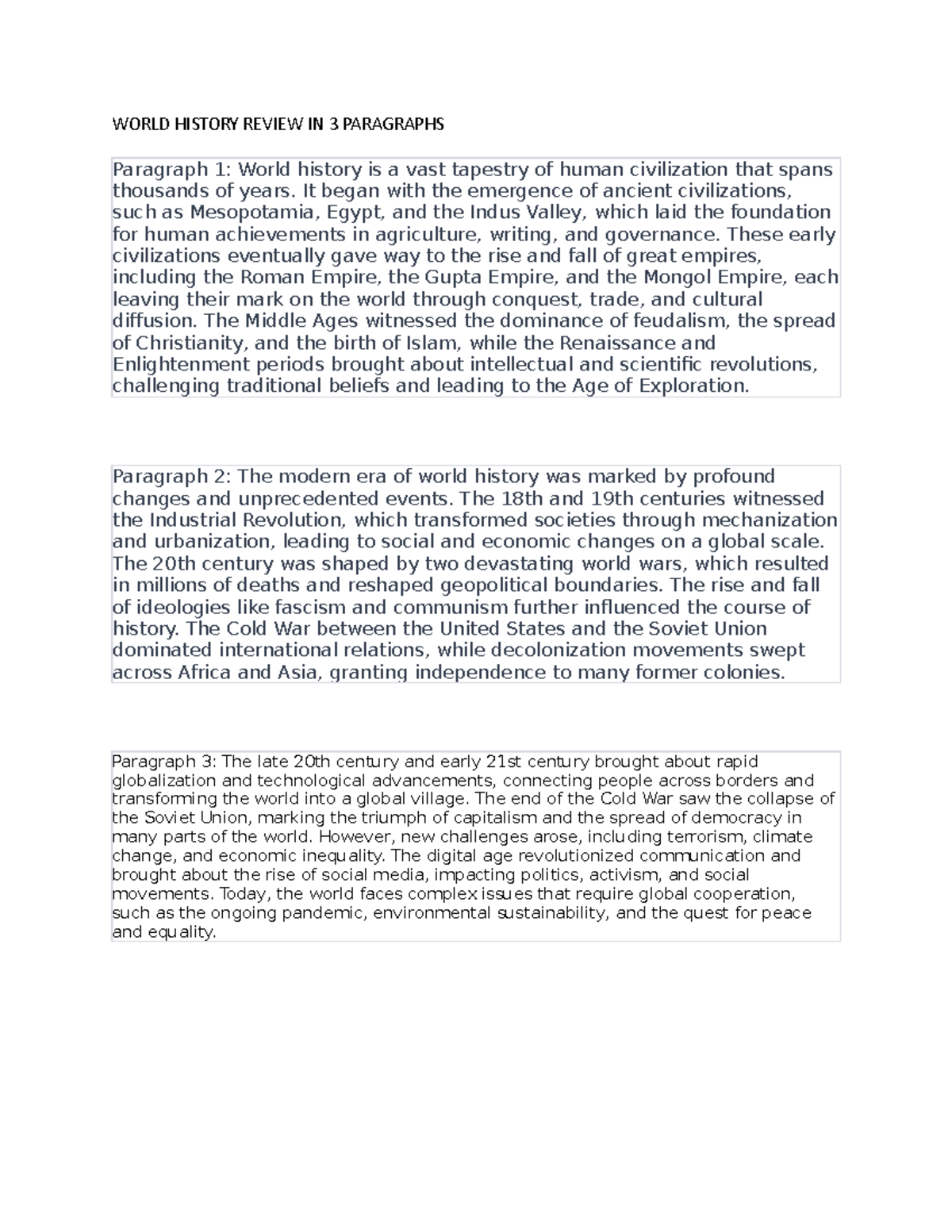 World History Review IN 3 Paragraphs - WORLD HISTORY REVIEW IN 3 ...