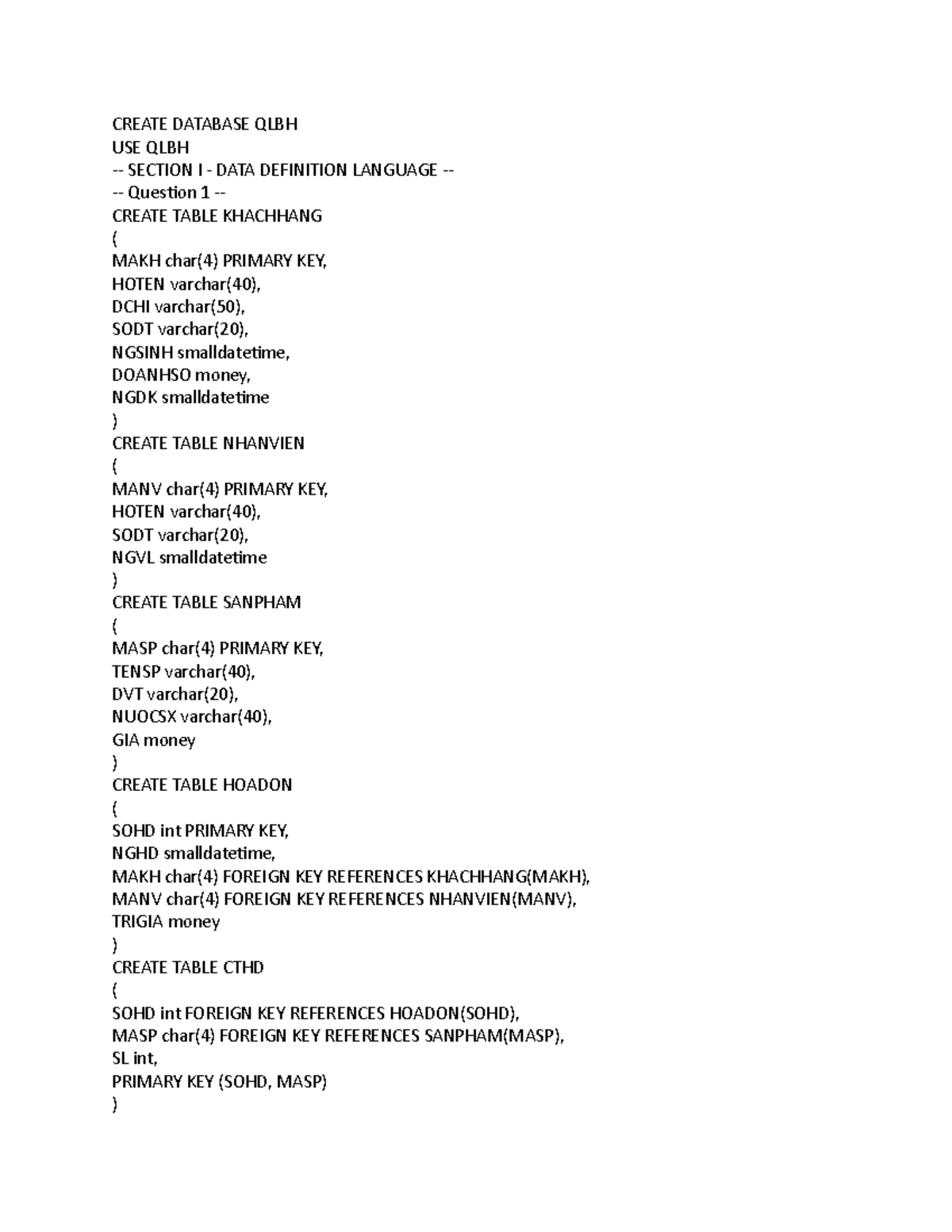Baithuchanh 1 - CREATE DATABASE QLBH USE QLBH - SECTION I - DATA DEFINITION LANGUAGE - Question ...