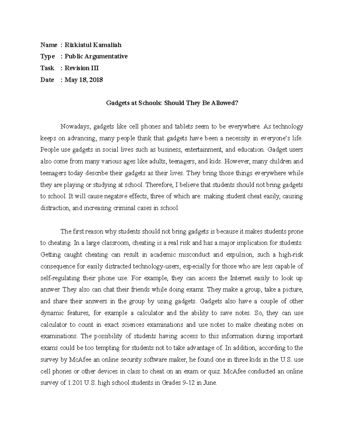 Gadgets at Schools Should They Be Allowed - Name : Rizkiatul Kamaliah ...