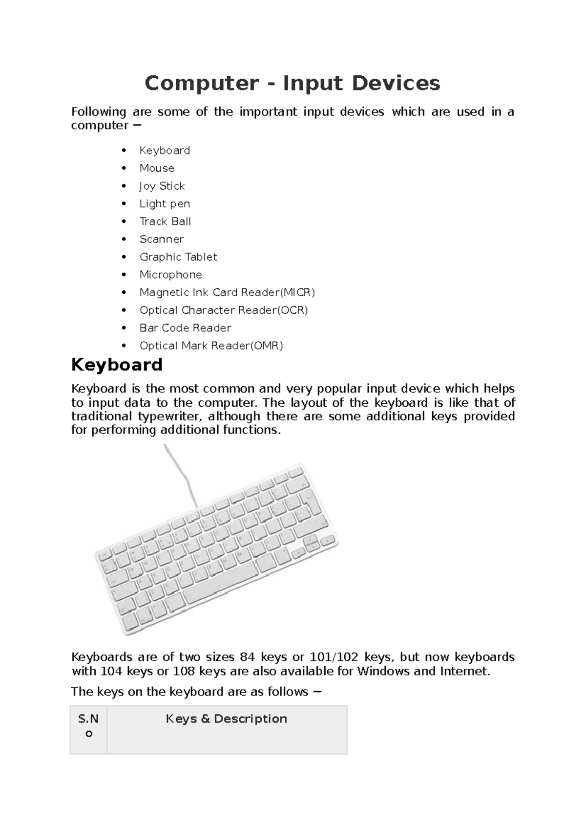 Input devices - The layout of the keyboard is like that of traditional ...