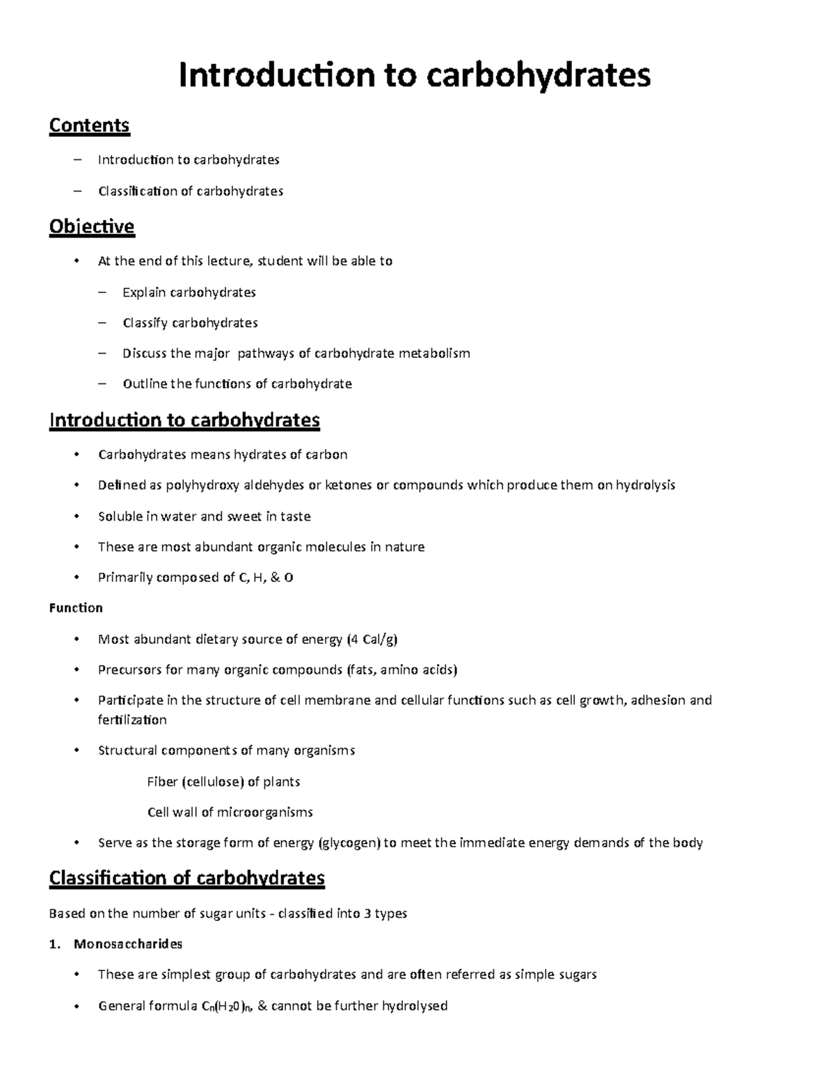 Sem 01 Pharmacy Carbohydrates Introduction - Contents Introduction to ...