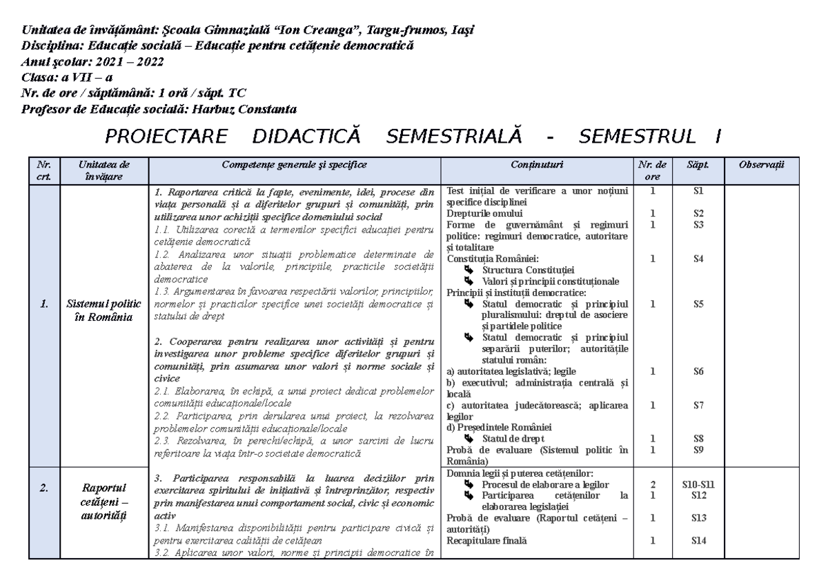 Clasa 7 ed sociala agavriloaei lacramioara daniela 2021 2022 - Unitatea ...