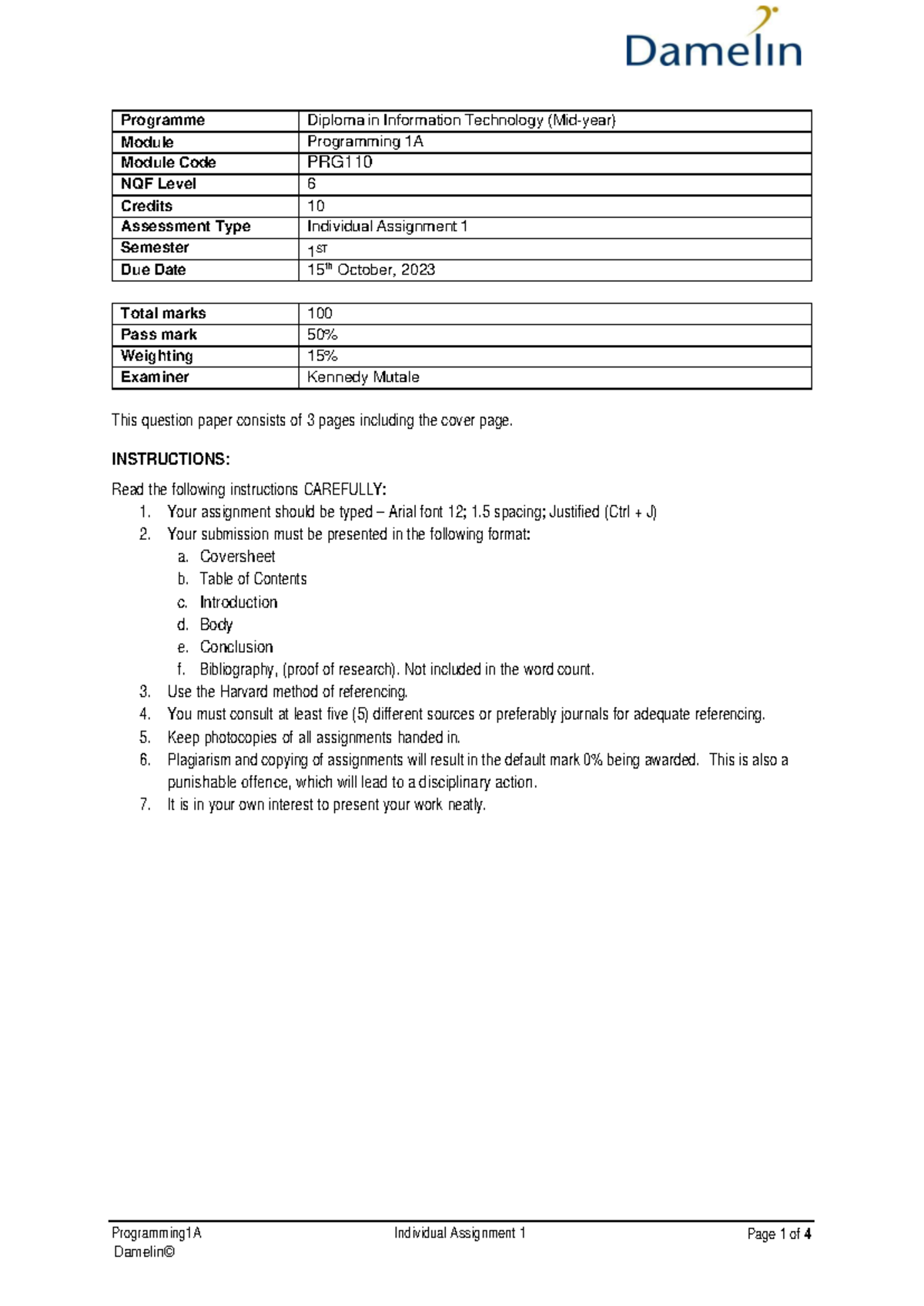 Programming 1A Assignment 2 - Programming1A Individual Assignment 1 ...