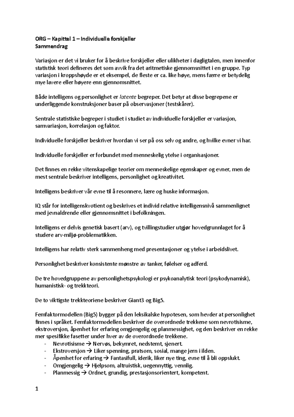 EMS - Kapittel - 1 - Organisasjon og ledelse - ORG – Kapittel 1 – Individuelle forskjeller - Studocu