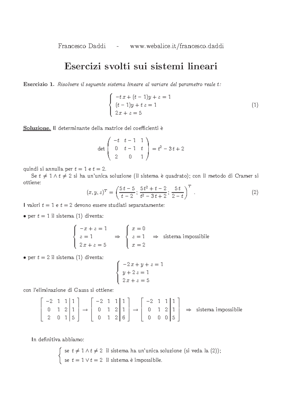 Esercizi svolti sui sistemi lineari - Esercizi svolti sui sistemi ...