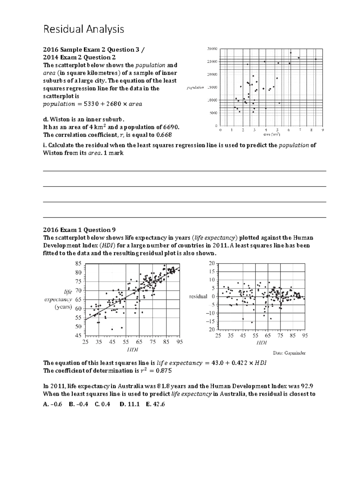 Residual Analysis - 2016 Sample Exam 2 Question 3 / 2014 Exam 2 ...
