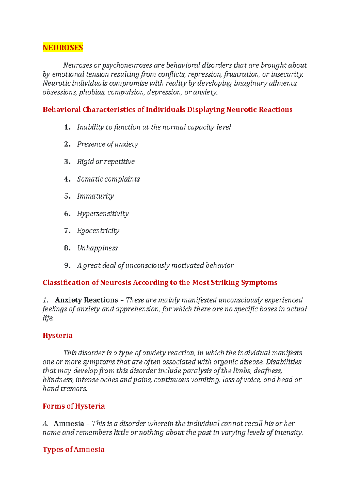 Week-7- NEUROSES - NEUROSES Neuroses or psychoneuroses are behavioral ...