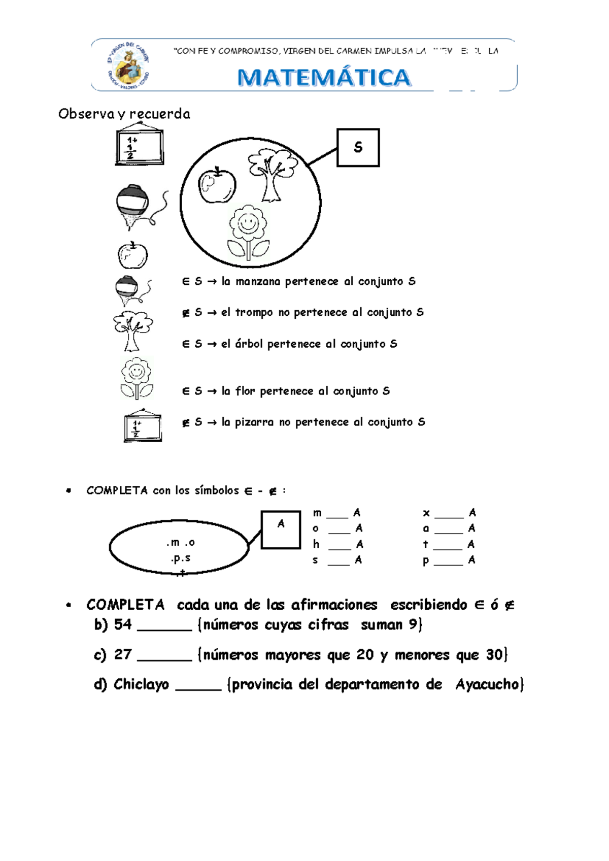 Conjuntos Pertenece Y NO Pertenece - EDUCA Observa y recuerda DITOS ...