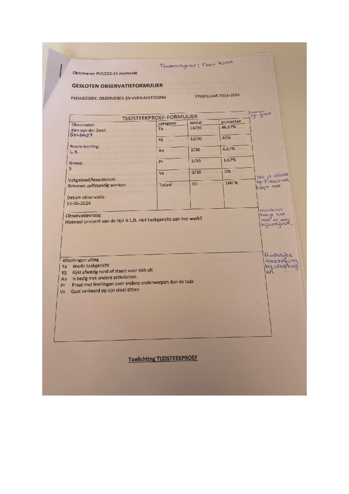 Gesloten observatie pedagogiek - Feedbackgever : nens Konst Observeren ...