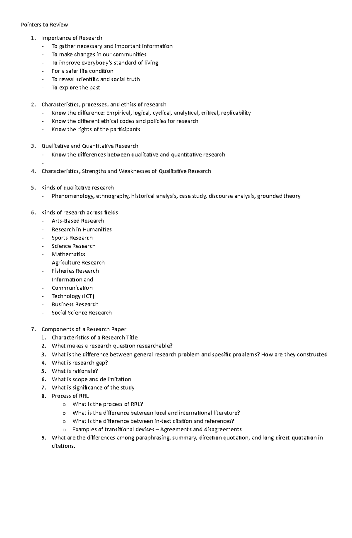 practical notes pointers - Pointers to Review 1. Importance of Research ...