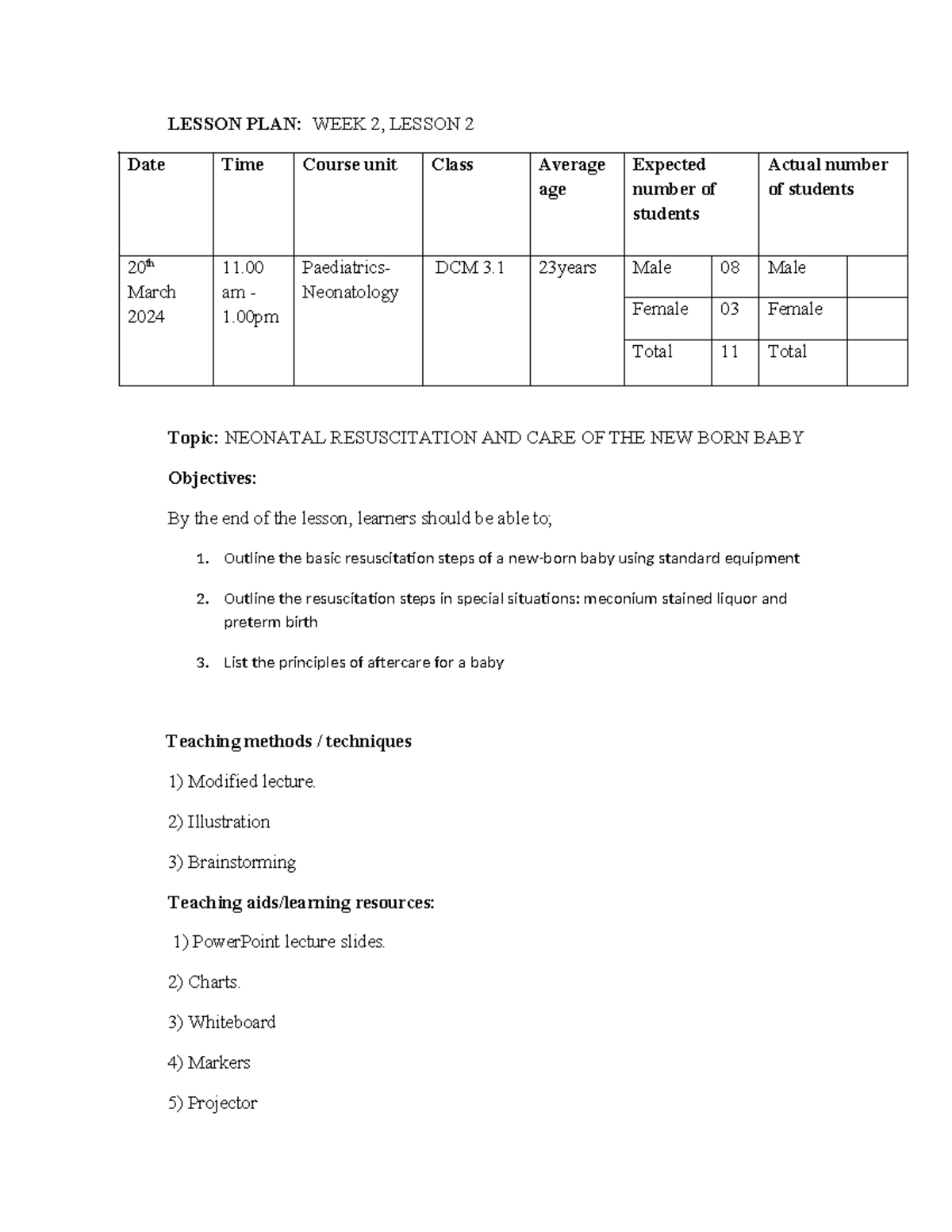 Lesson PLAN Neonatal Resuscitation-2 - LESSON PLAN: WEEK 2, LESSON 2 ...
