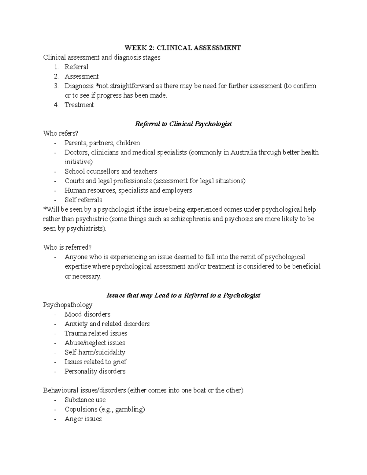 PSY305 WEEK 2 Clinical Assessment Notes - WEEK 2: CLINICAL ASSESSMENT ...
