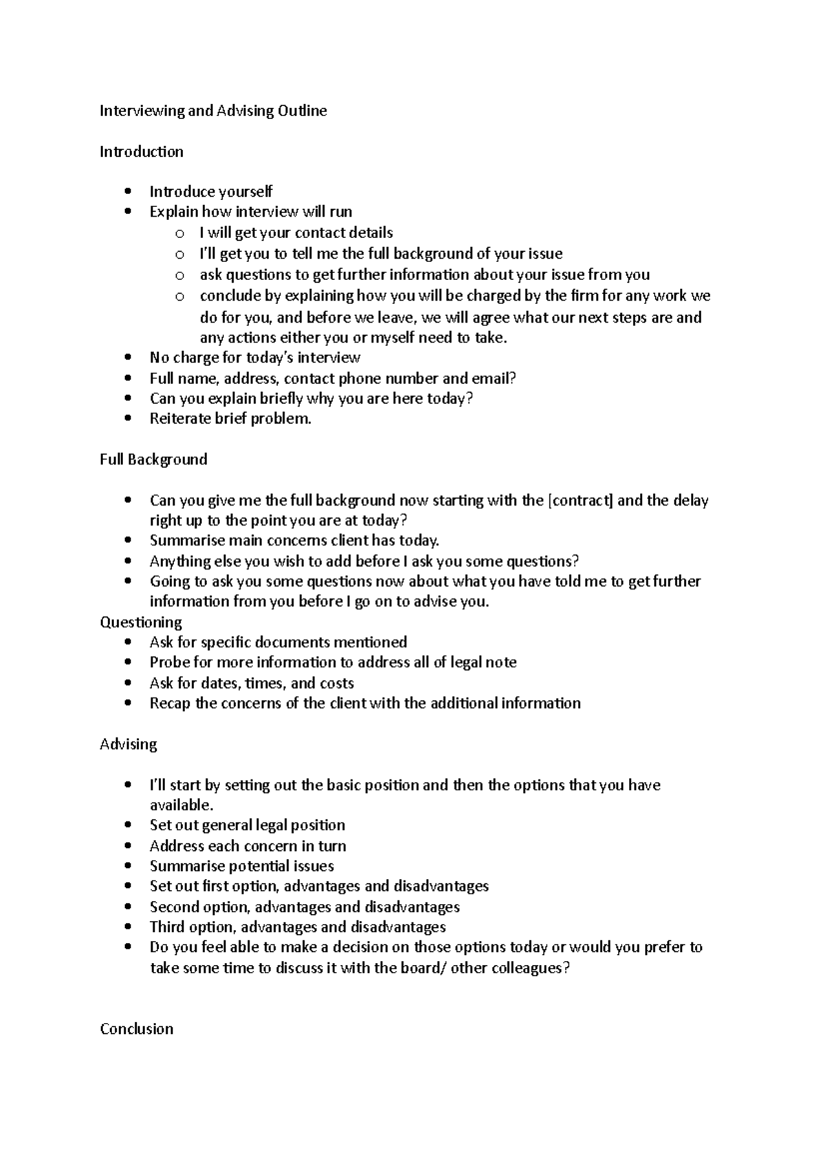 Interviewing and Advising Outline - Interviewing and Advising Outline ...