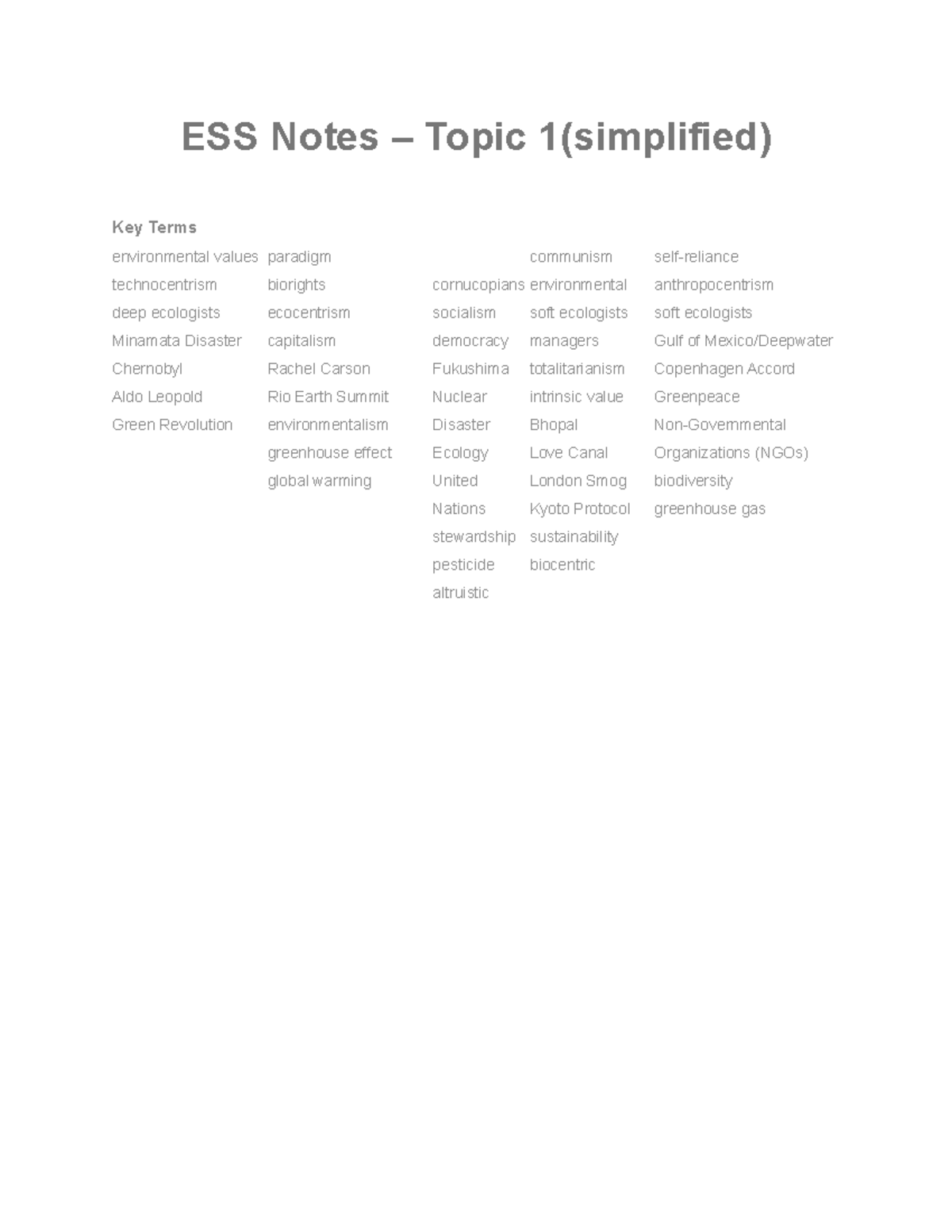 Notes (simplified) Environmental value systems - ESS Notes – Topic 1 ...