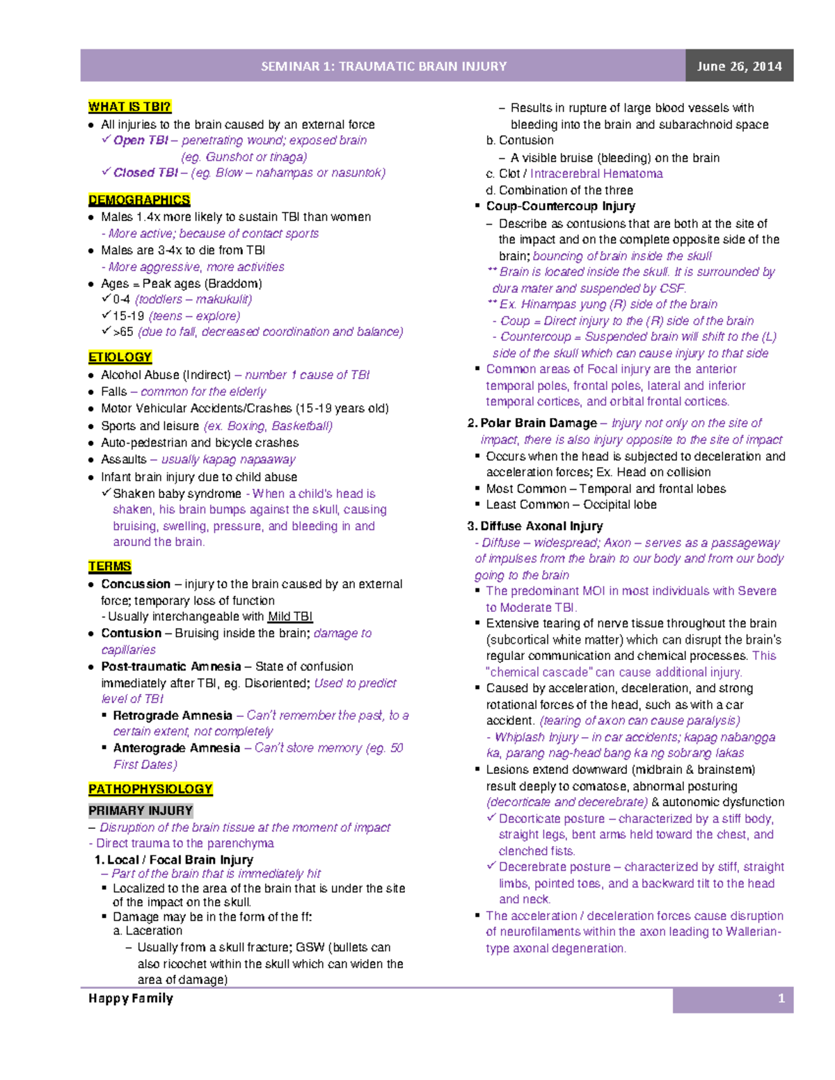 SEM1 - Topic 2 TBI - Traumatic brain injury - WHAT IS TBI? All injuries ...