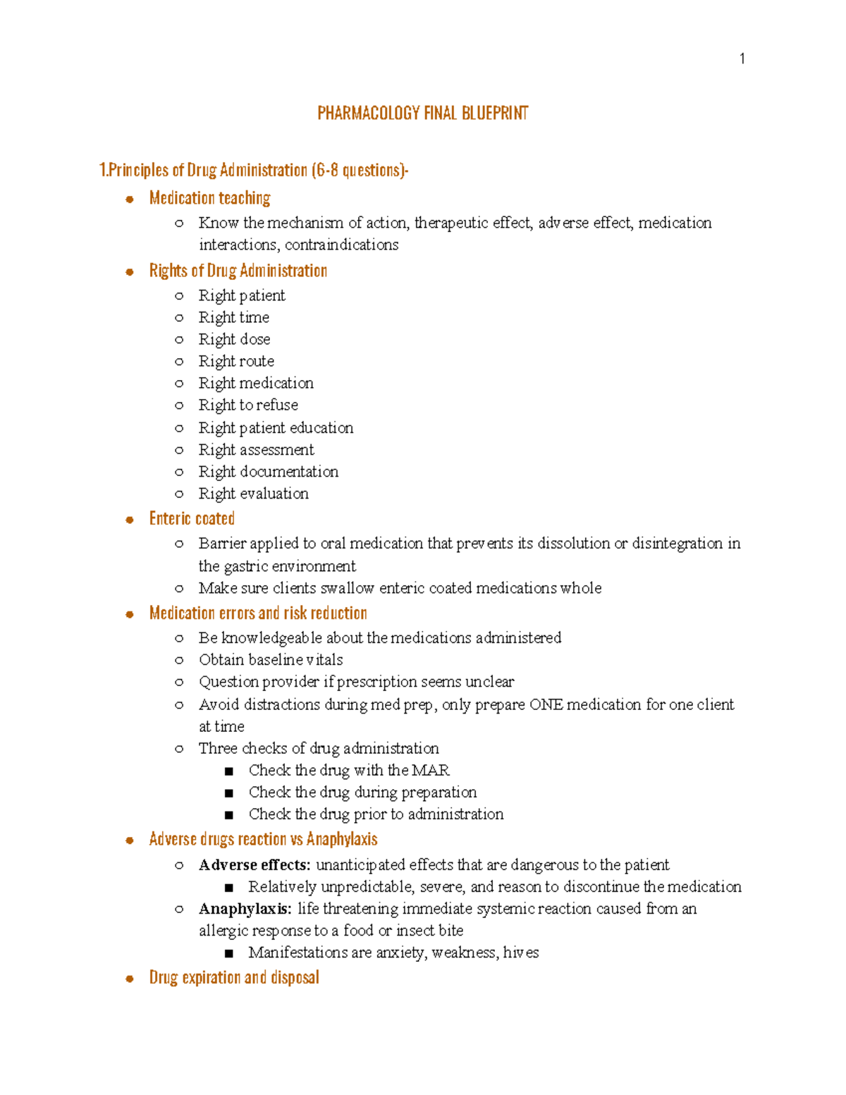 Pharmacology Final Blueprint - PHARMACOLOGY FINAL BLUEPRINT 1 of Drug ...