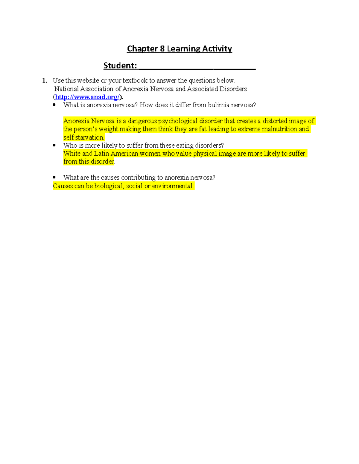 Chapter 8 human - Chapter 8 Learning Activity Student: 1. Use this ...