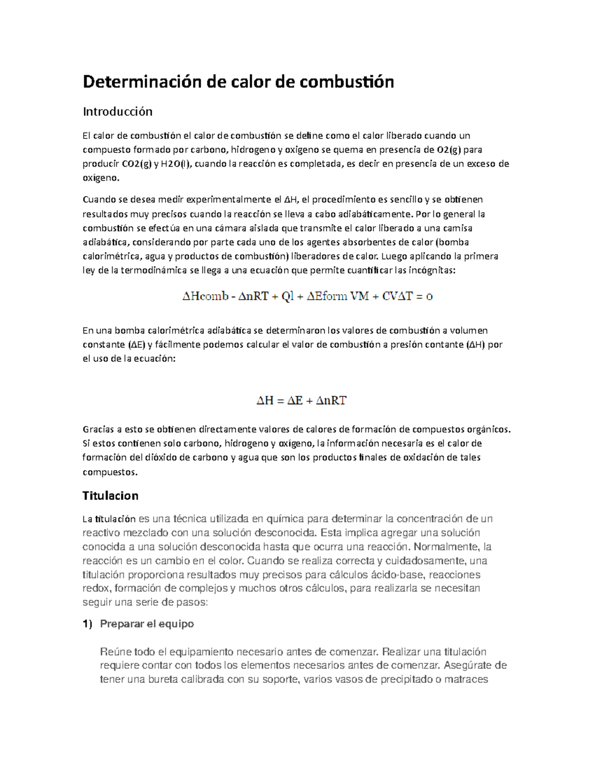 Determinación de calor de combustión - Determinación de calor de ...